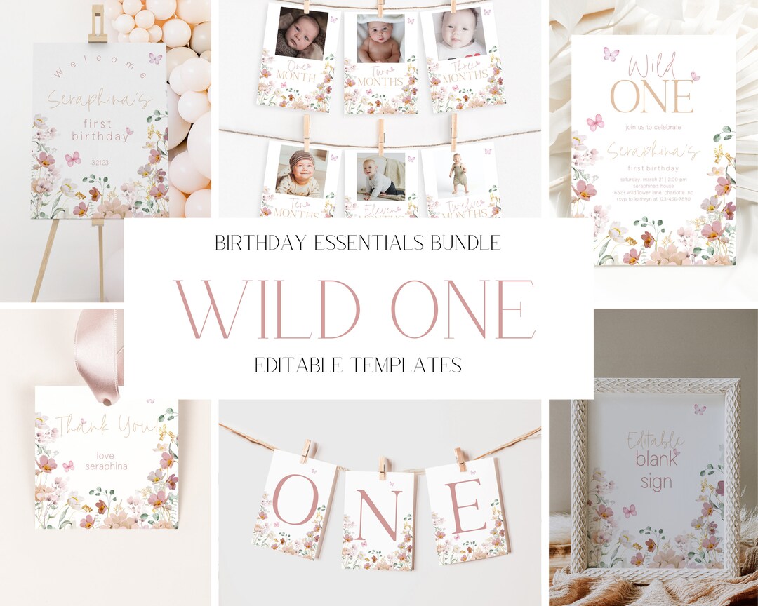 Editable Wildflower First Birthday Invitation + Decoration Bundle ...