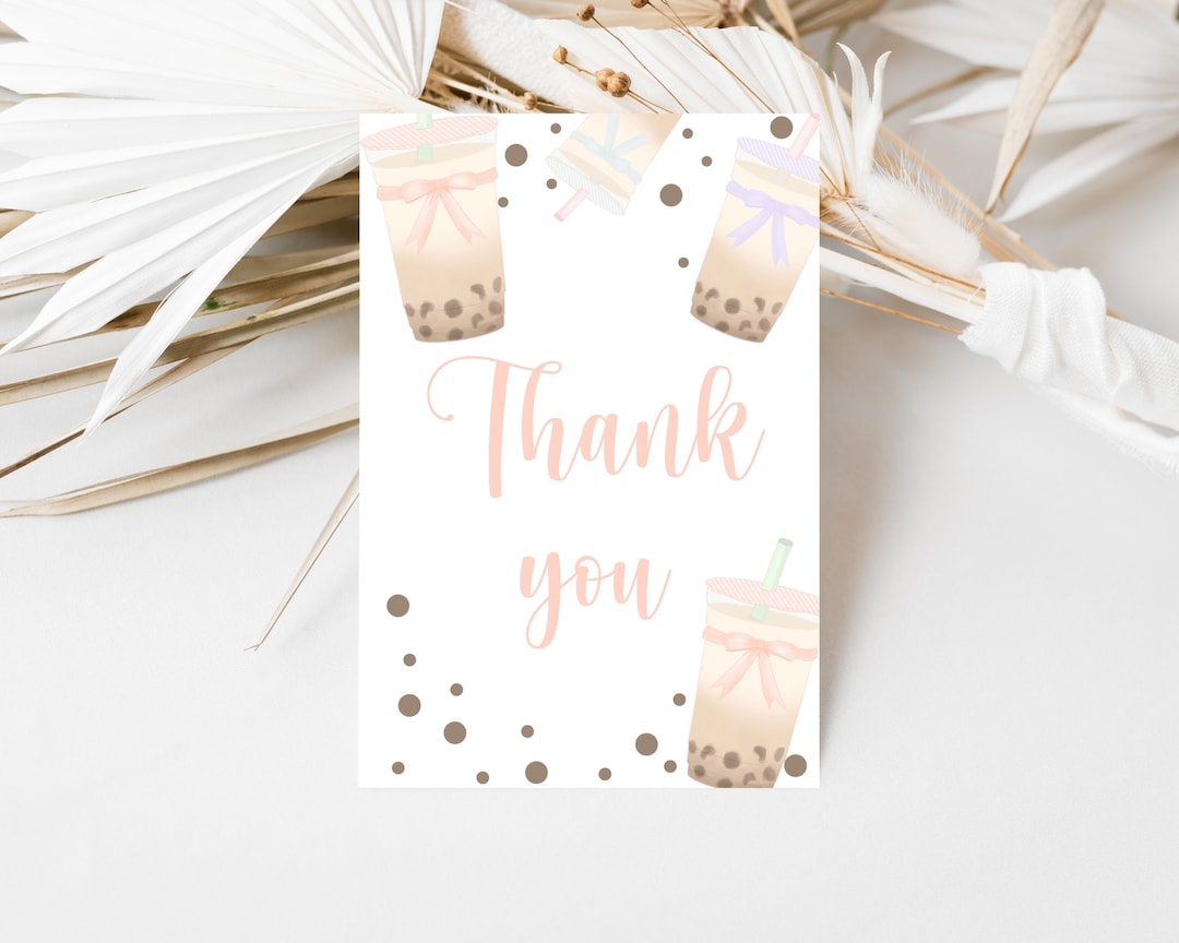 Boba Thank You Card Template, Editable Pink Boba Thank You Card, Bubble ...