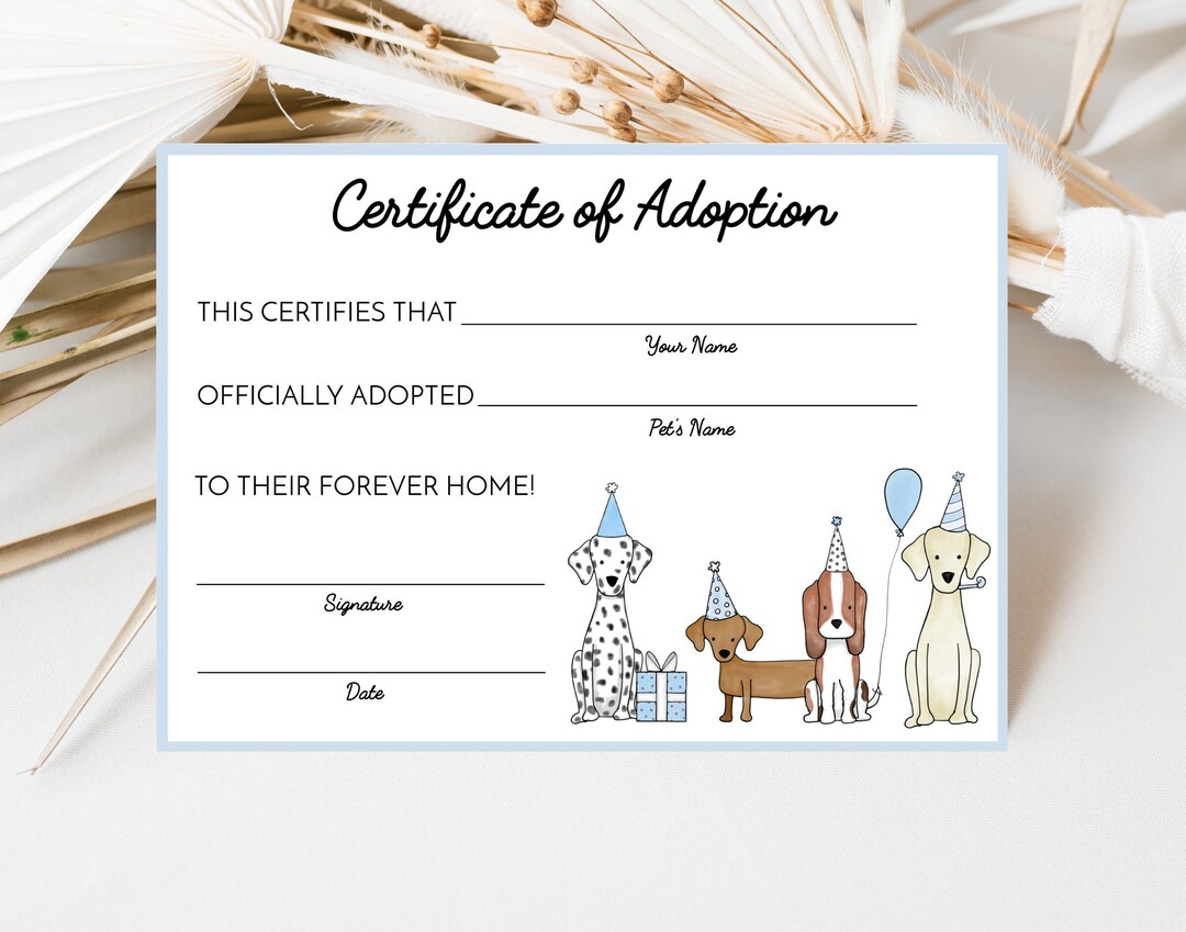 Dog Birthday Adoption Certificate, Boy Dog Birthday, Puppy Pawty ...