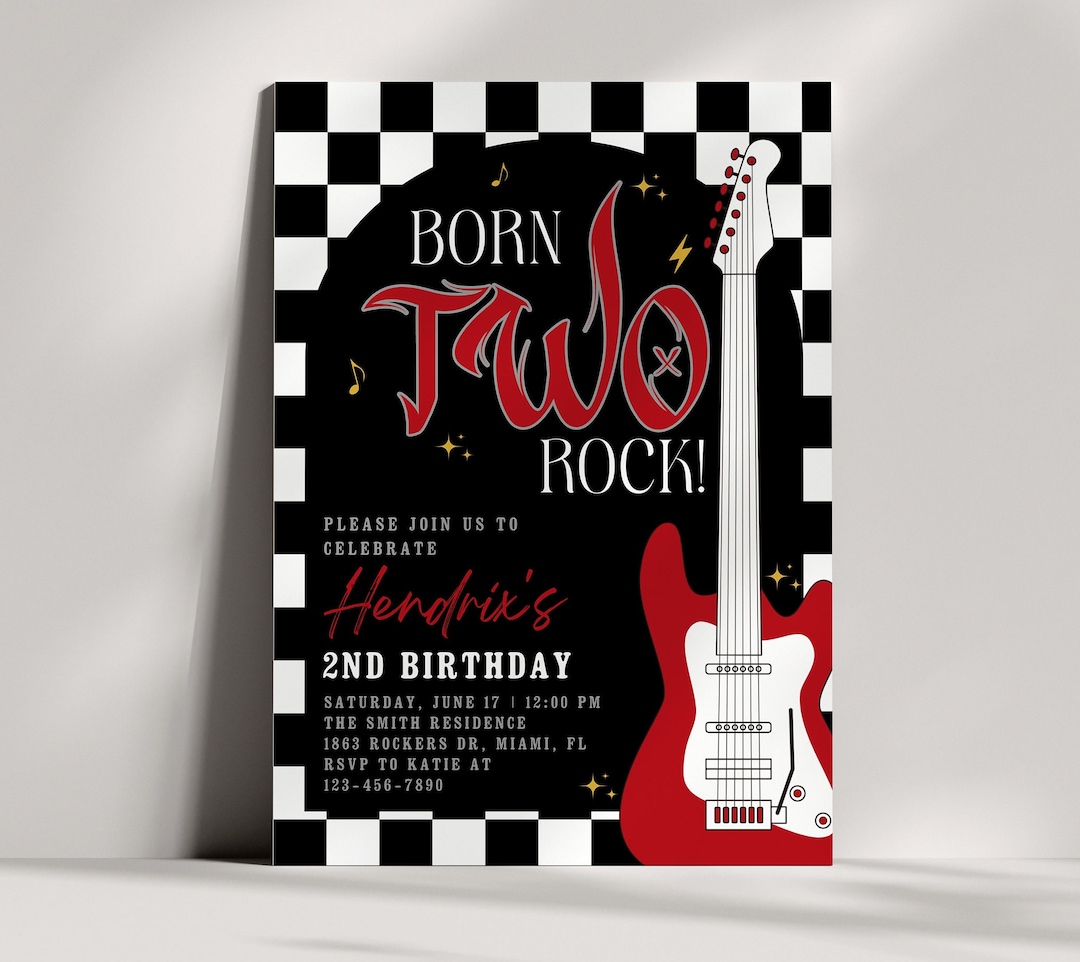 Born Two Rock Birthday Invitation, Red Rock & Roll Birthday Invite, Boy ...
