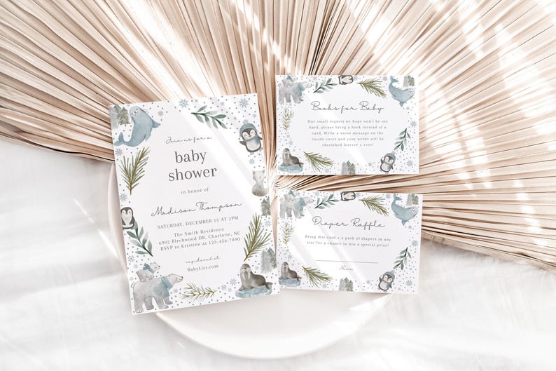 Arctic Animal Baby Shower Invitation Bundle, Winter Snowflake Invite ...