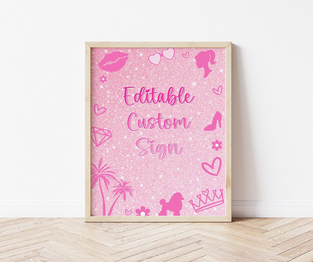 Hot Pink Doll Birthday Editable Blank Sign, Pink Glitter Dollies Party ...