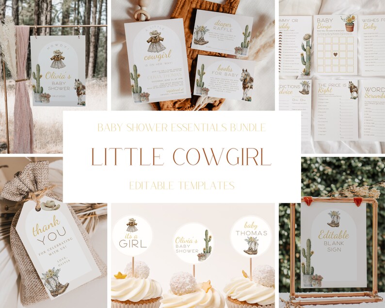 Cowgirl Baby Shower Cupcake Toppers, Western Party Decor (editable ...