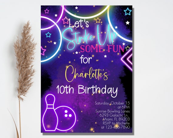 Neon Bowling Party Invitations Printable Templates Download The