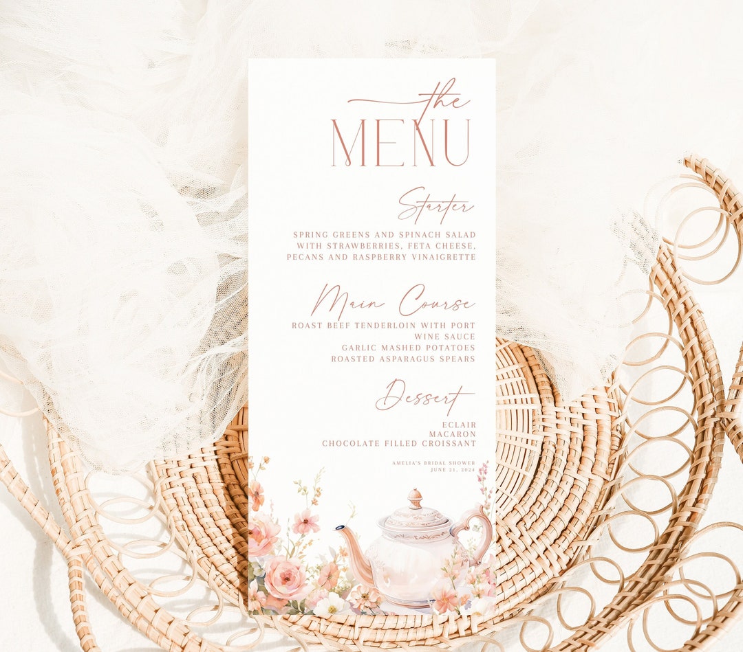 Editable Floral Tea Party Menu Template, Bridal Shower Tea Party Menu ...