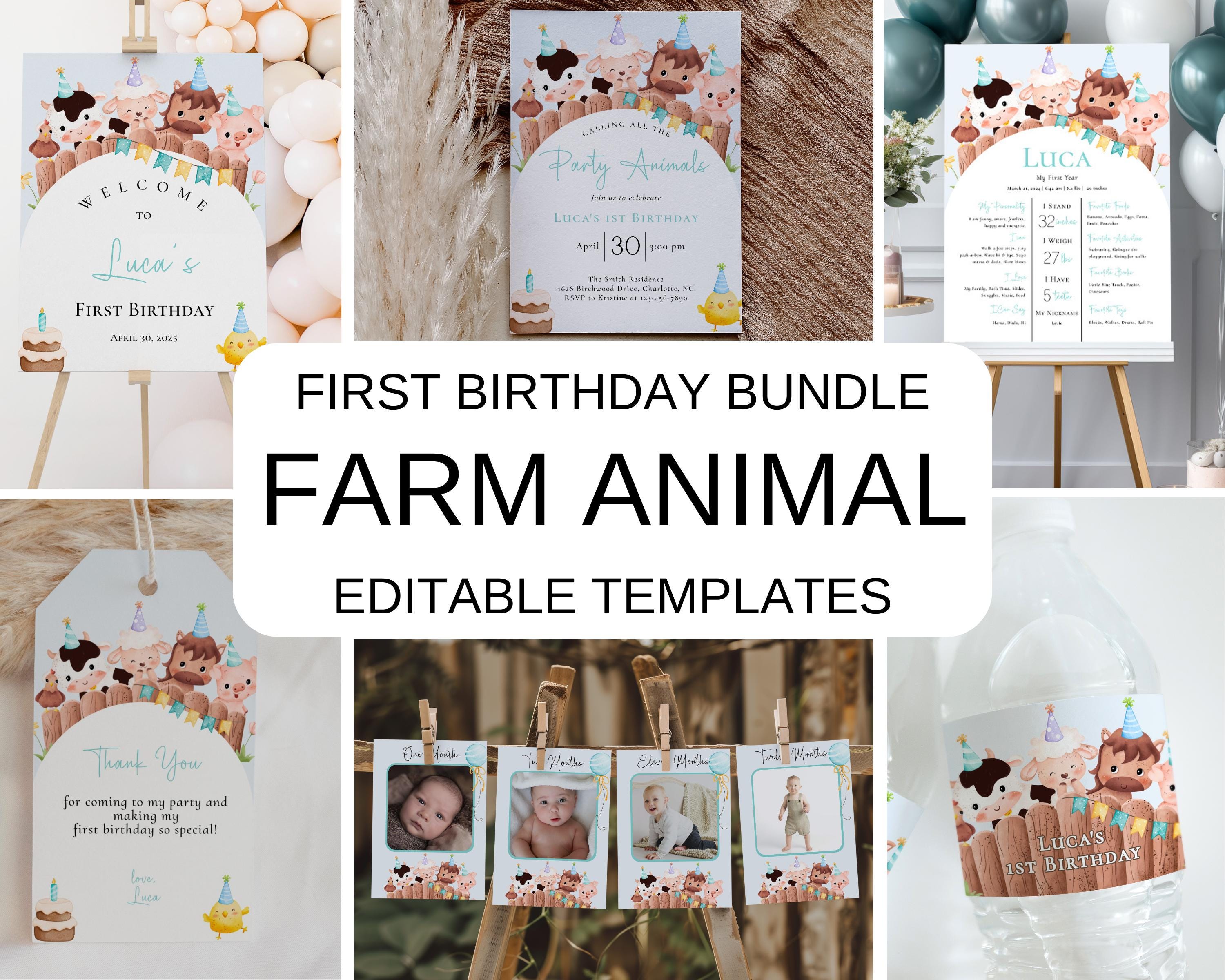 Editable Farm Animal Food Label, Barnyard Animal First Birthday Food ...