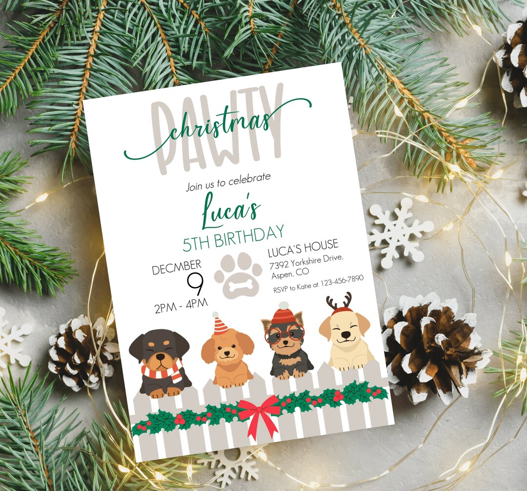 Editable Dog Birthday Invitation, Christmas Dog Invite Holiday Dog ...