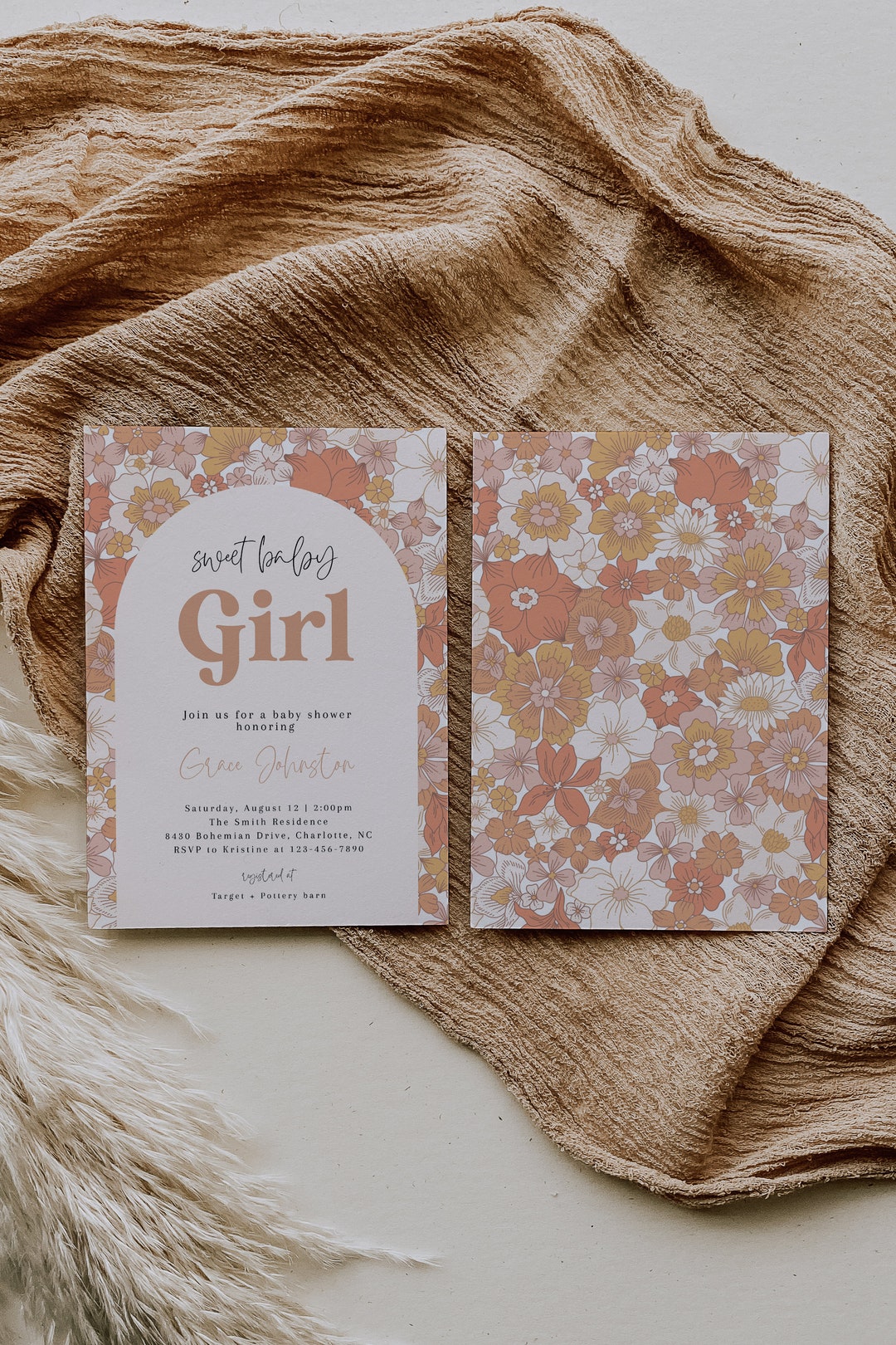 Retro Floral Baby Shower Invitation, Vintage Girl Invite (instant ...