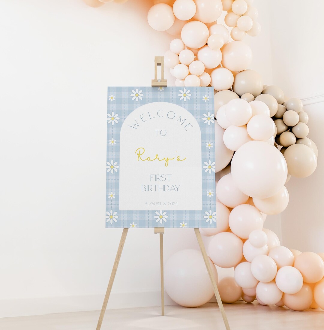 Daisy Birthday Welcome Sign Template, Editable Blue Plaid Little Daisy ...