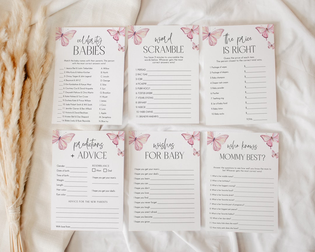 Editable Butterfly Baby Shower Game Bundle, Printable Pink Butterfly ...