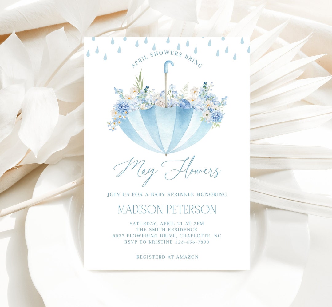 Editable April Showers Baby Shower Invitation, Blue Spring May Flowers Baby Shower Invite, Boy ...