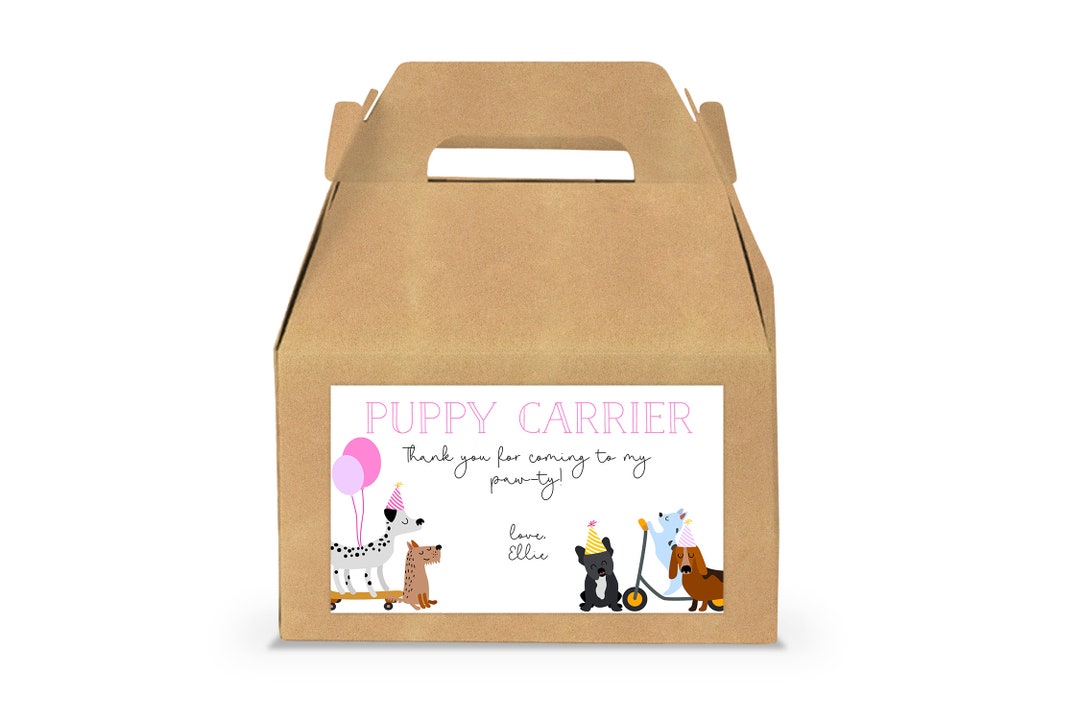 Editable Puppy Carrier Box Party Favor Label Template, Girl Puppy ...