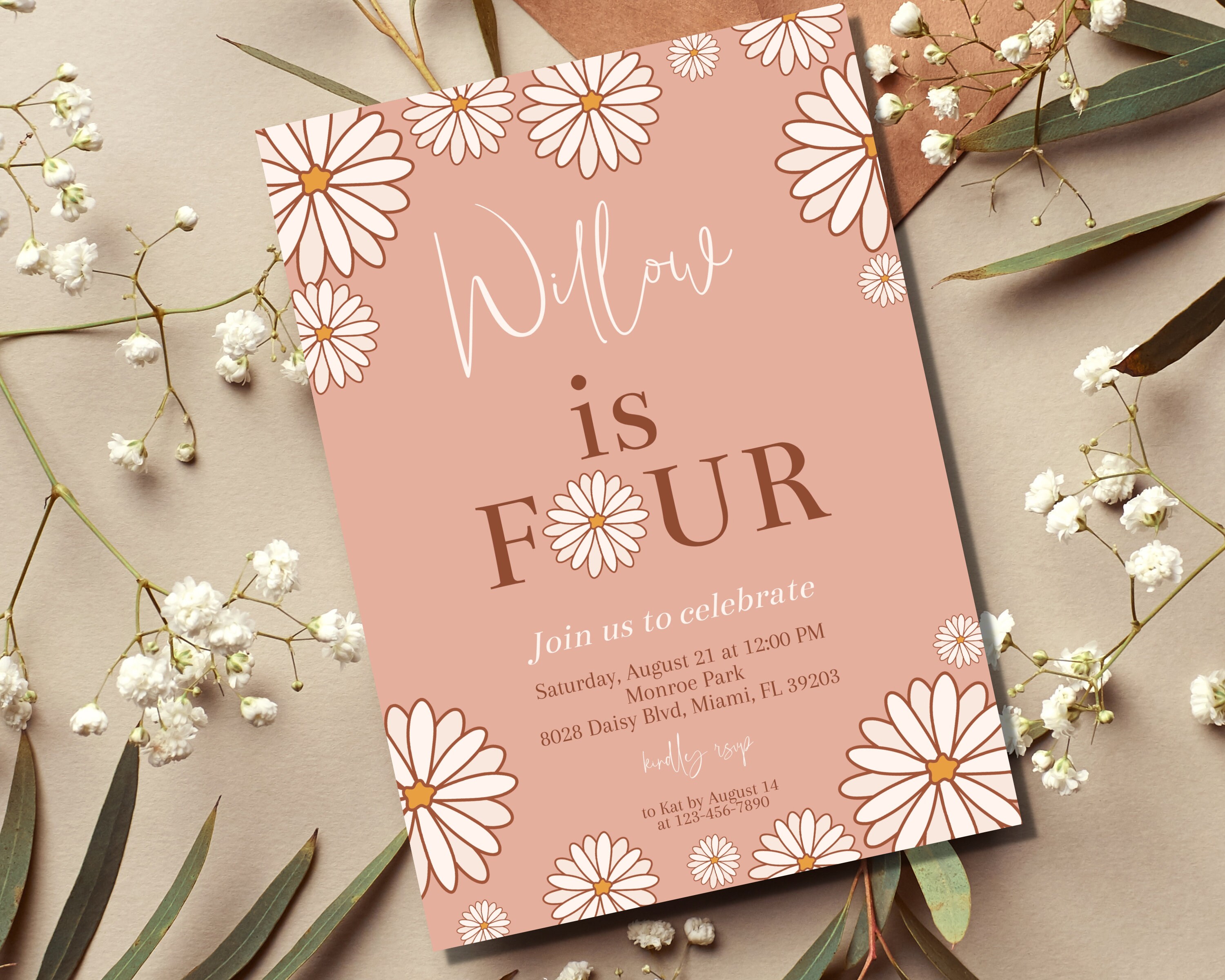 Editable Retro Daisy Birthday Invitation Daisy 4th Birthday - Etsy