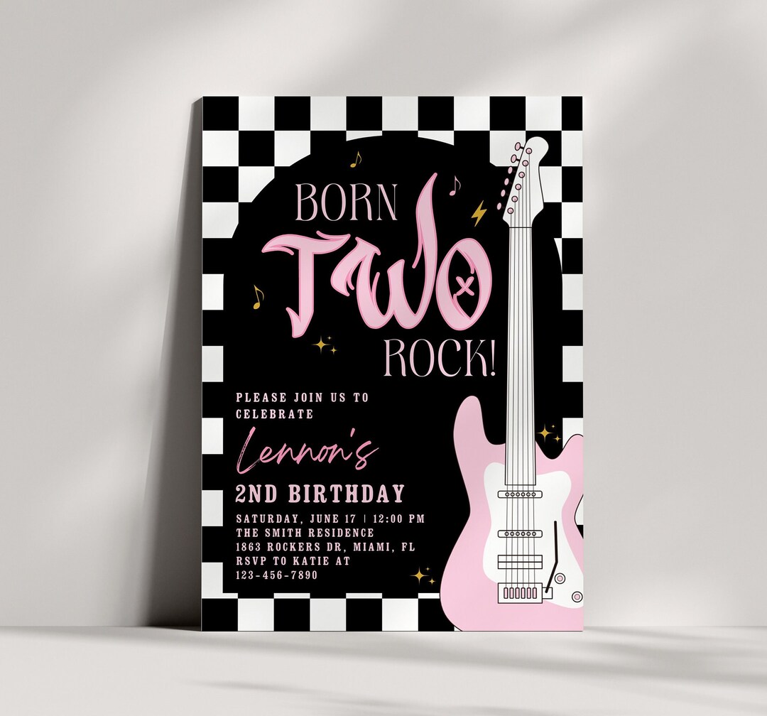 Born Two Rock Girl Birthday Invitation, Pink Rock & Roll Birthday ...