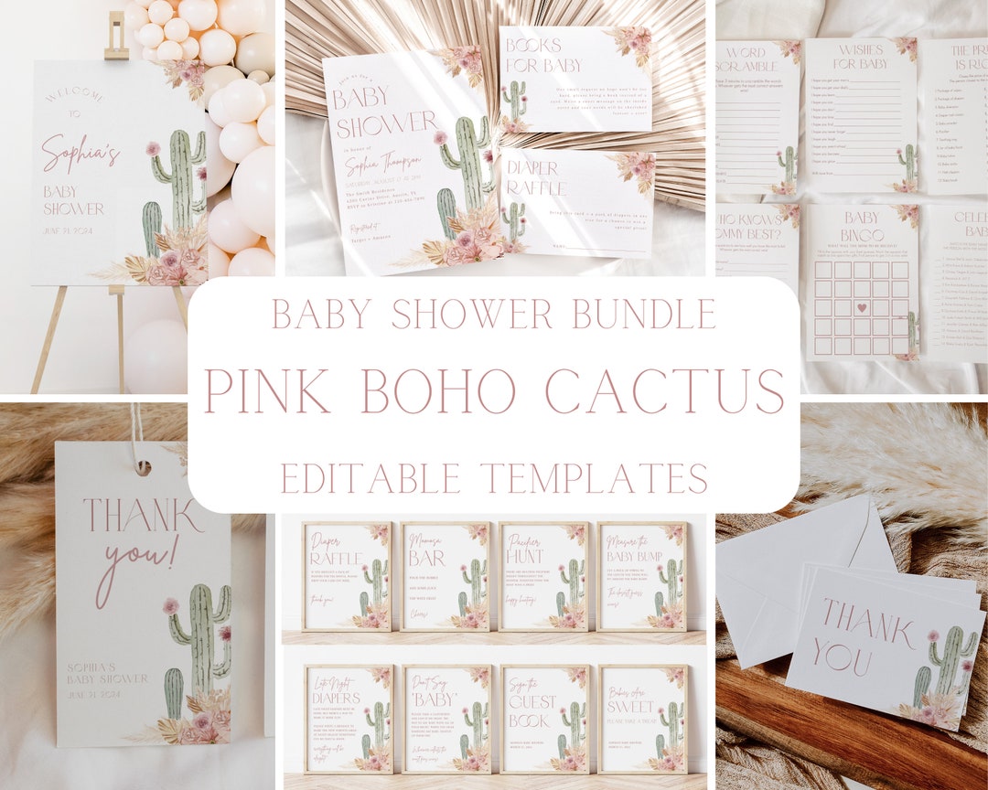Editable Pink Floral Boho Cactus Baby Shower Invitation + Decoration ...
