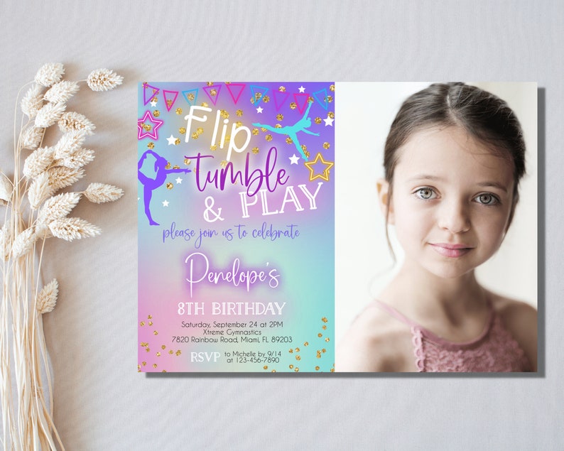 Gymnastics Picture Birthday Invitation Flip Tumble & Play - Etsy