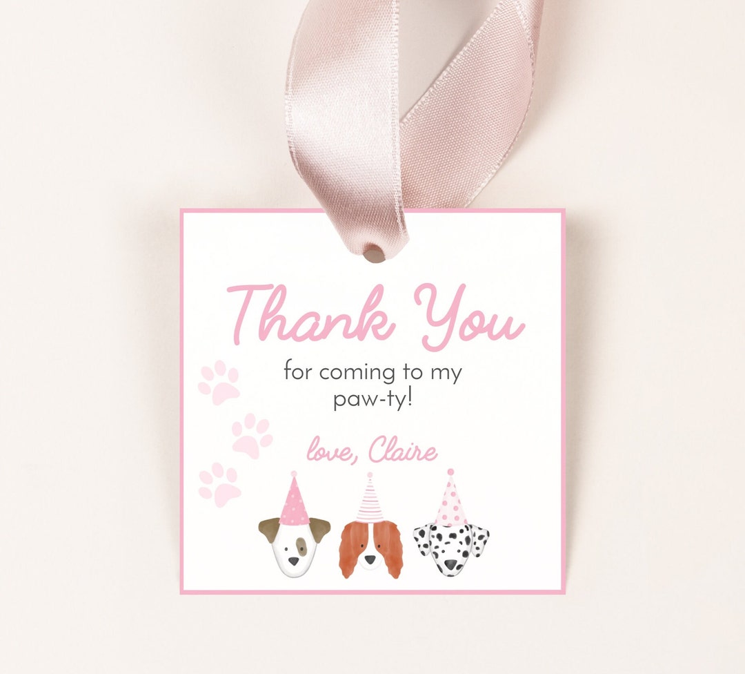 Editable Pink Dog Birthday Favor Tag, Puppy Pawty Thank You (instant ...