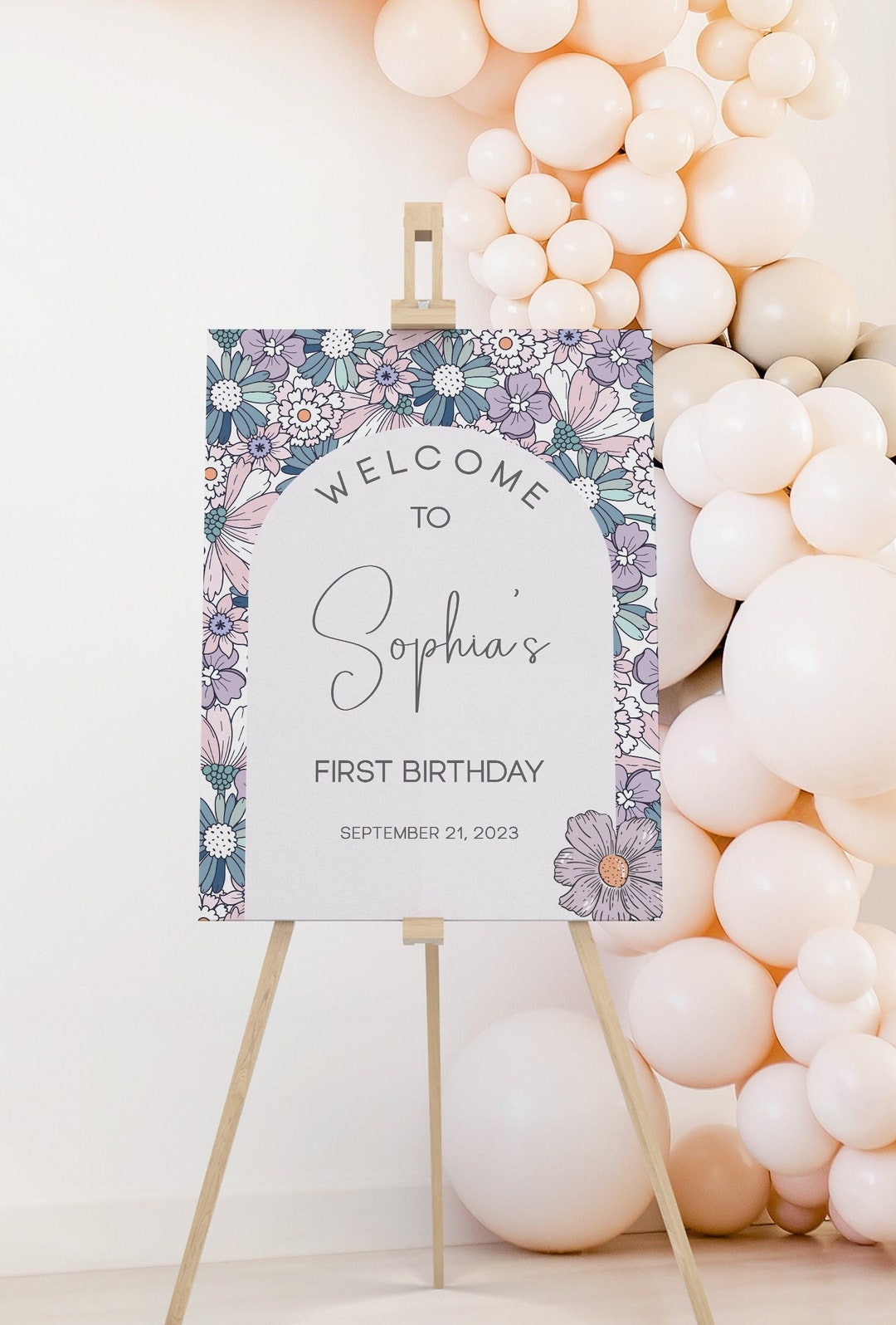 Editable Floral Birthday Welcome Sign, Purple Pink Teal Vintage Floral ...