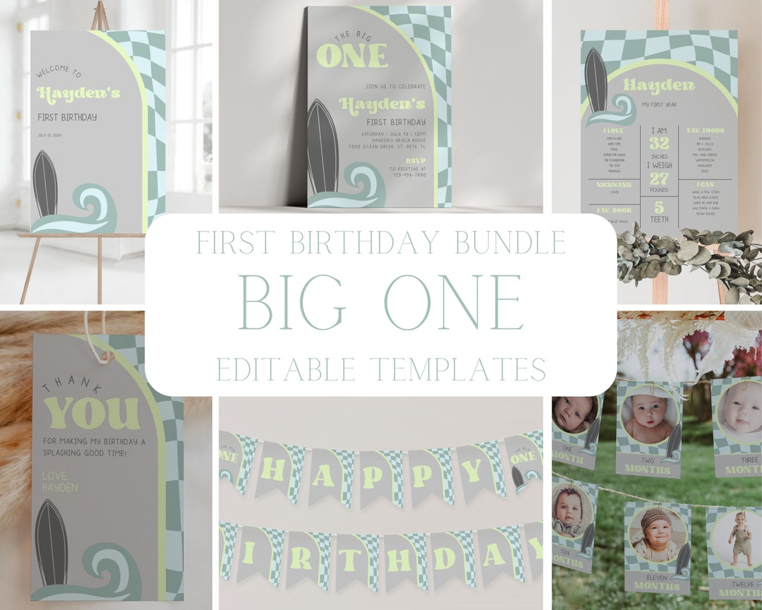 Big One Birthday Invitation + Decoration Bundle, Modern Surf Birthday ...