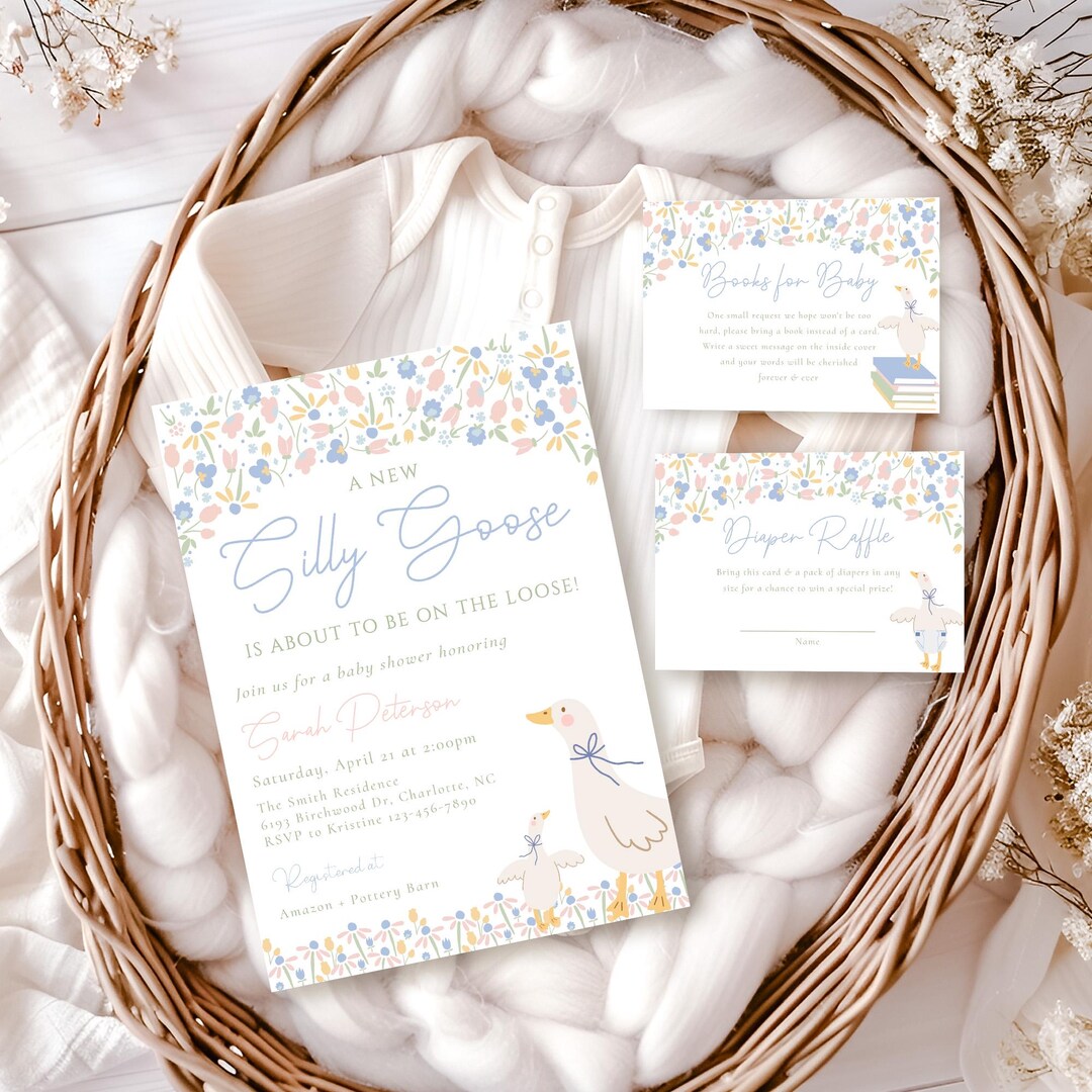Editable Silly Goose Baby Shower Invitation Bundle, Spring Goose Gender ...