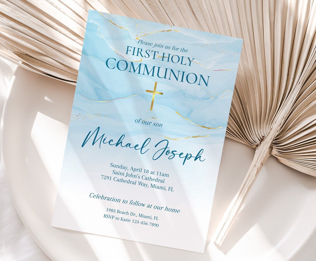 Editable Blue First Holy Communion Invitation, Blue Ombre Watercolor ...