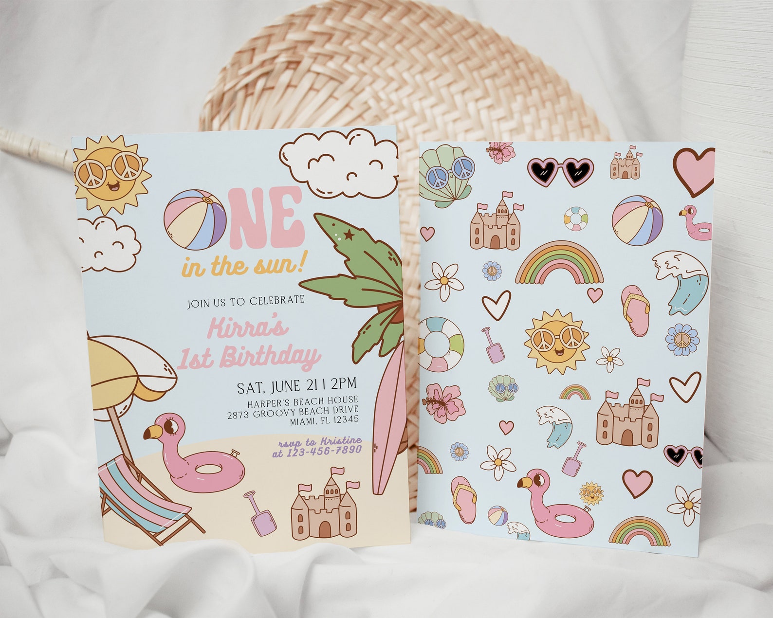 Retro Girls Beach 1st Birthday Party Invitation, Girls Groovy Pool ...