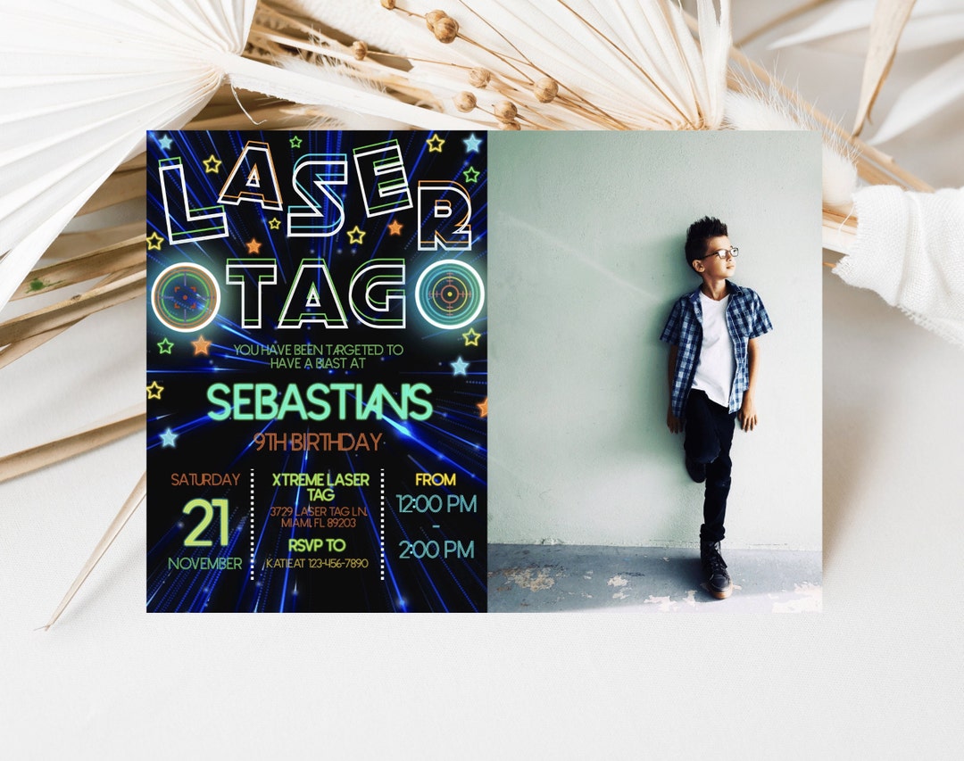 Editable Laser Tag Birthday Party Picture Invitation, Neon Laser Tag ...