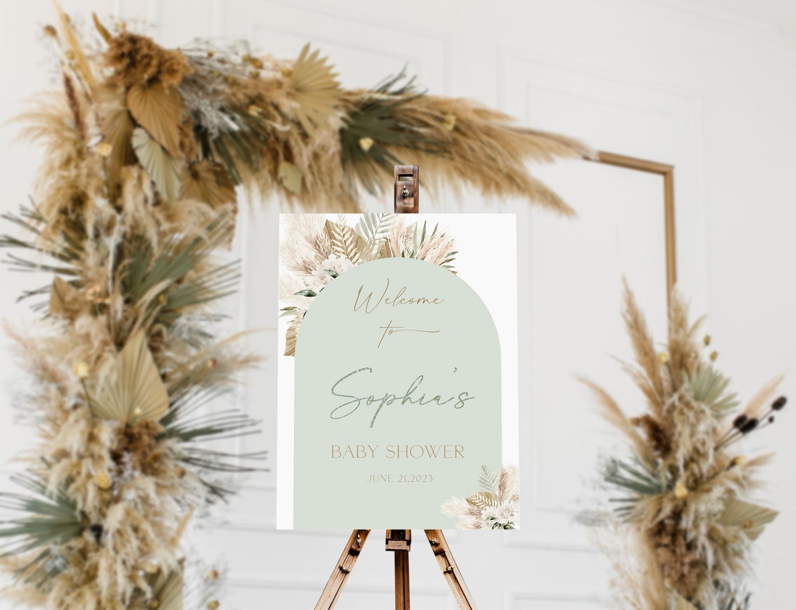 Boho Sage Green Floral Pampas Grass Baby Shower Welcome Sign, Bohemian ...