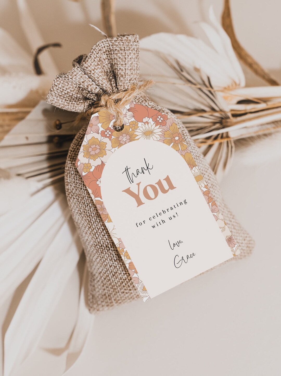 Retro Floral Party Favor Tag , Groovy Vintage Floral Decoration, Muted ...
