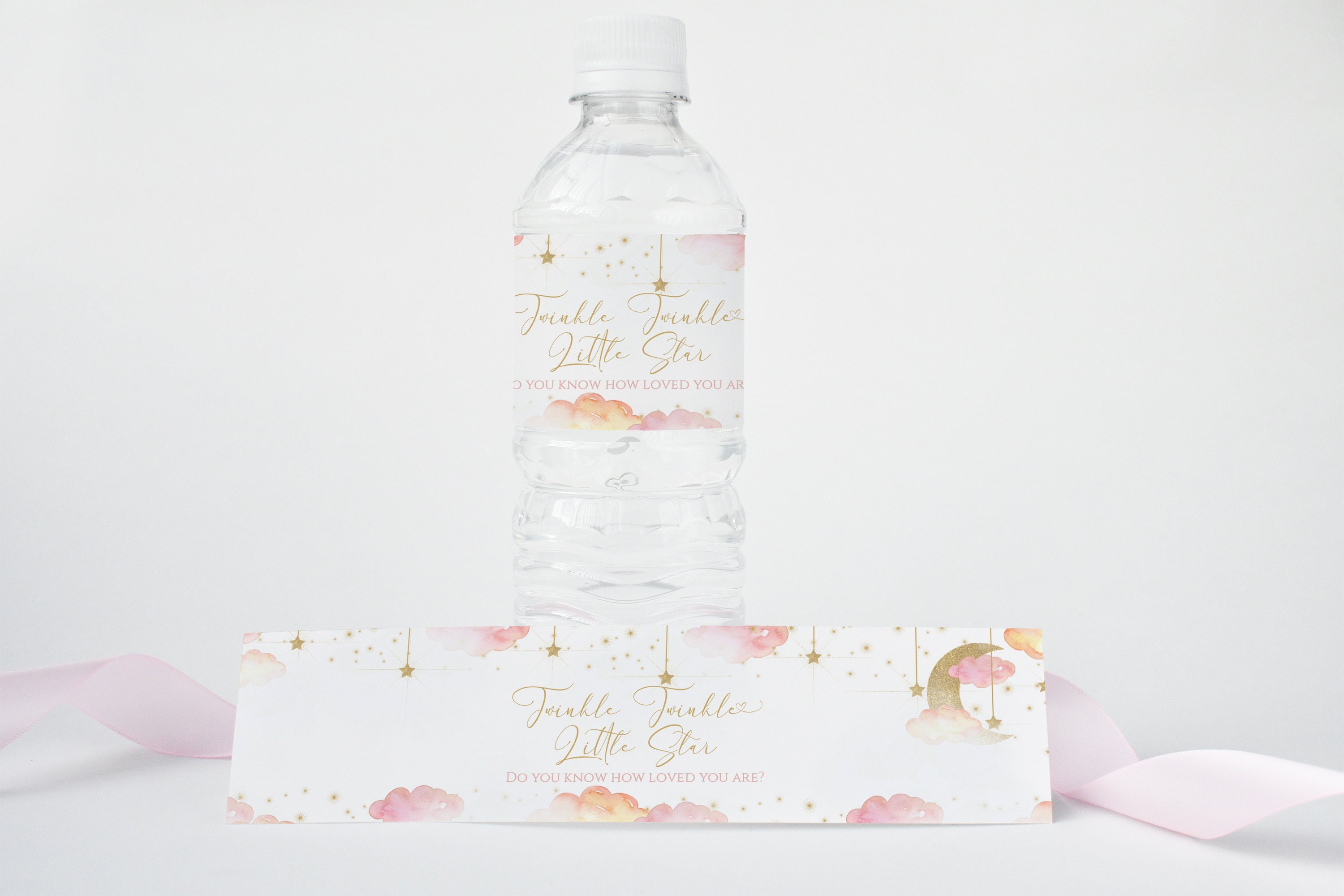 Twinkle Star Baby Shower Water Bottle Label, Pink and Gold (digital ...