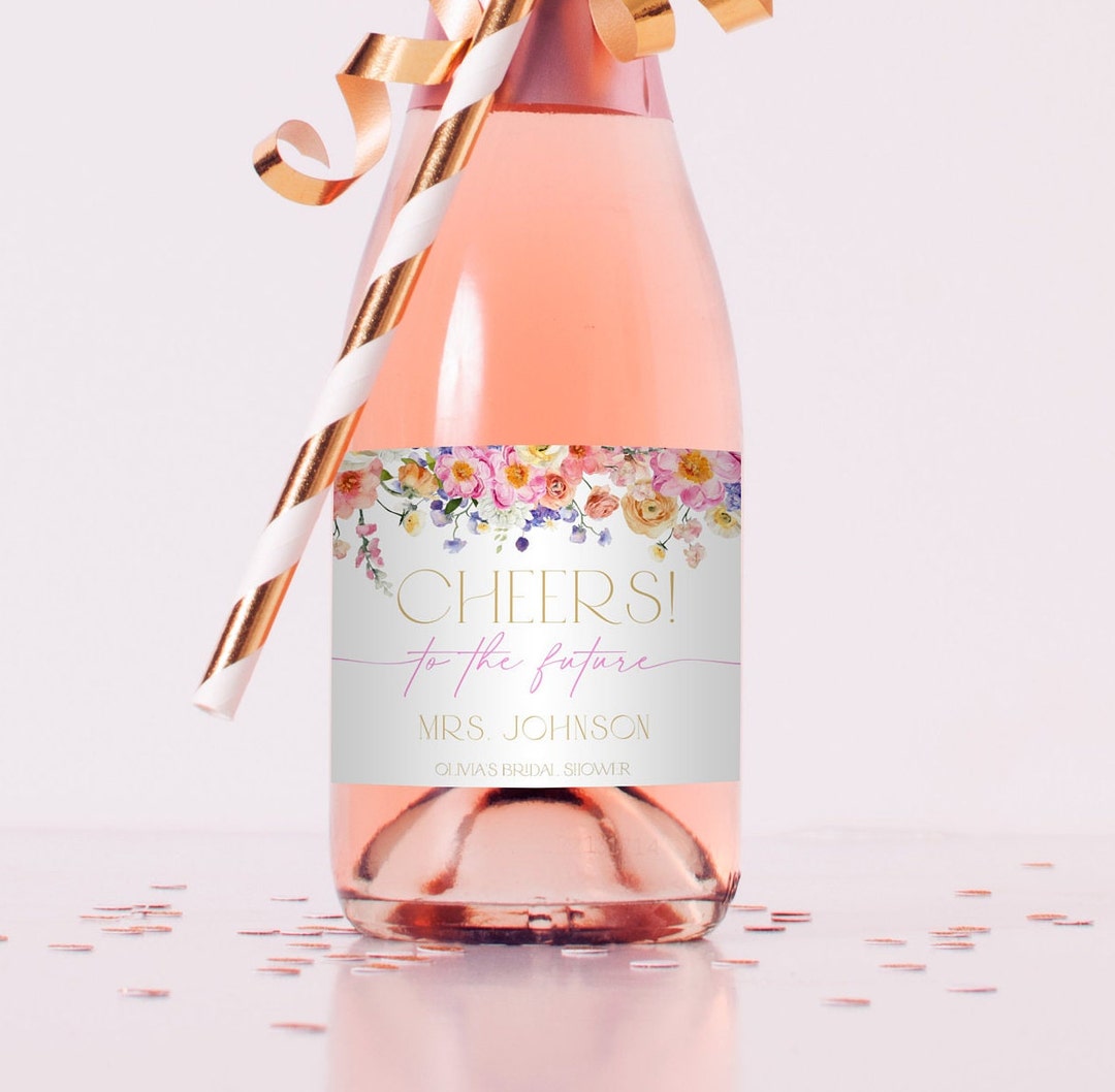 Hot Pink Floral Mini Champagne Bottle Label, Bright Pink + Orange ...