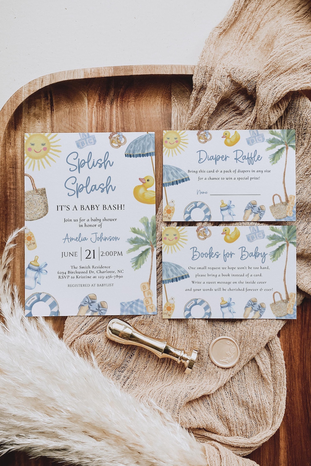 Editable Splish Splash Baby Shower Invitation Set, Blue Pool Summer Boy ...