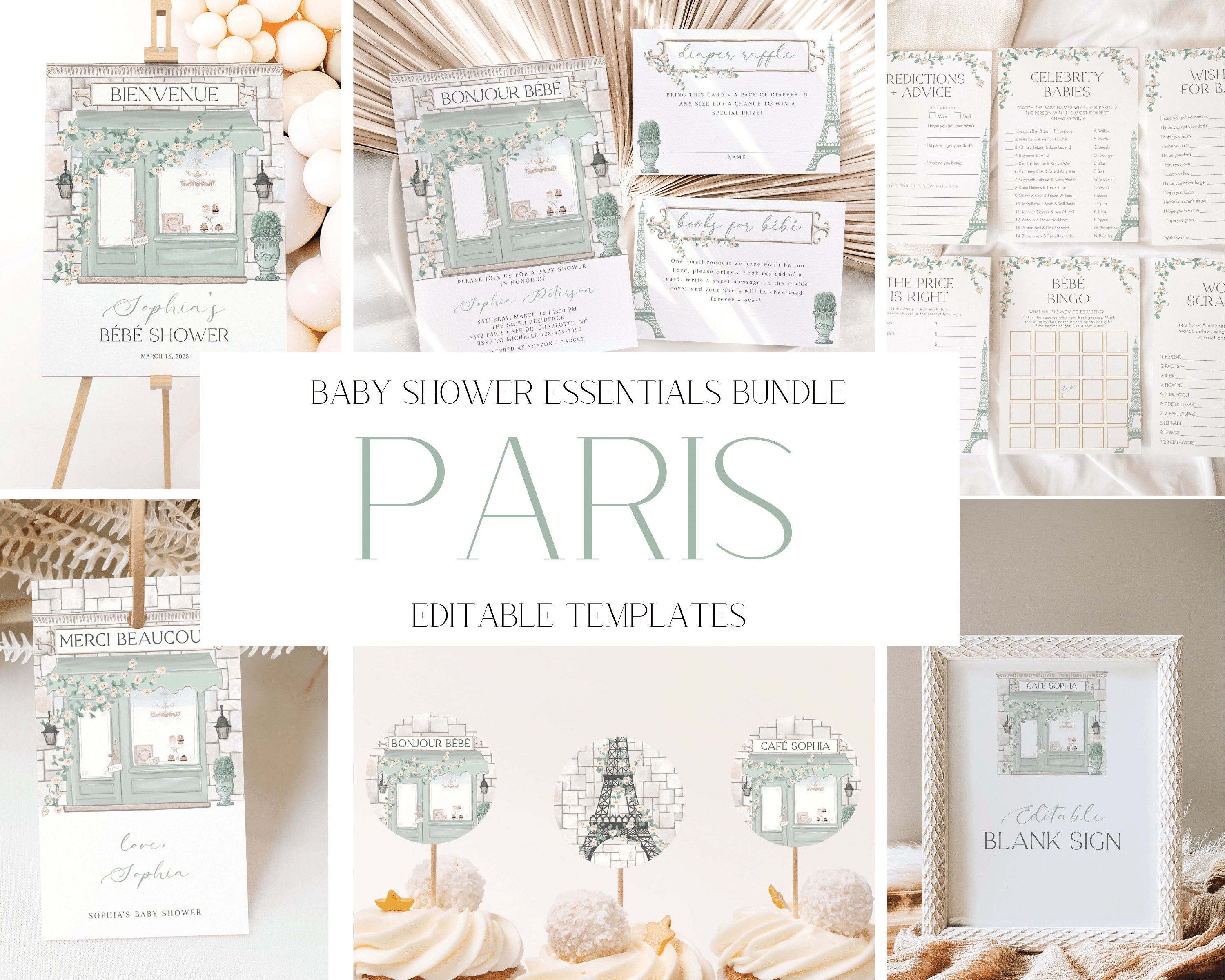 Editable Paris Baby Shower Invitation Bundle, French Cafe Decorations ...