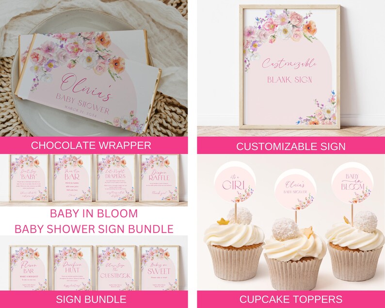 Editable Pink + Purple Floral Baby Shower Invitation + Decoration ...