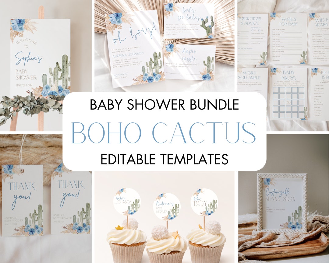 Editable Boho Cactus Baby Shower Invitation + Decoration Bundle, Blue ...