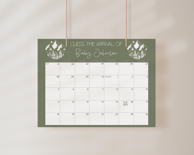 Editable Adventure Baby Shower Arrival Date Calendar Game, Sage Green ...