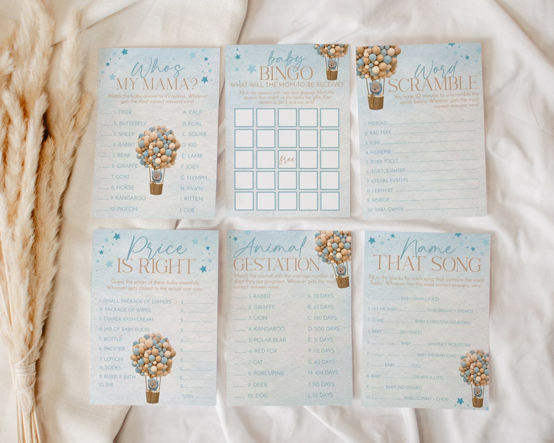 Editable Teddy Bear Hot Air Balloon Game Bundle, Boy Bear Baby Shower ...