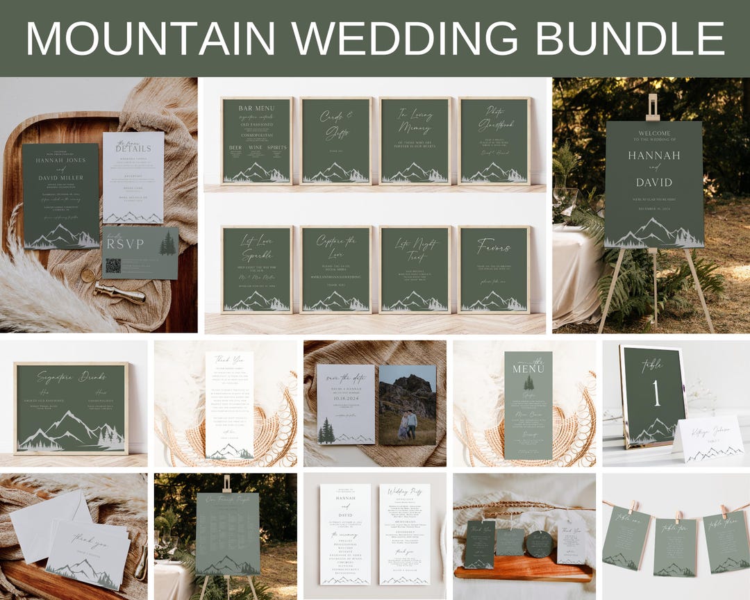 Minimalist Mountain Wedding Invitation Suite, Sage Green Woodland ...