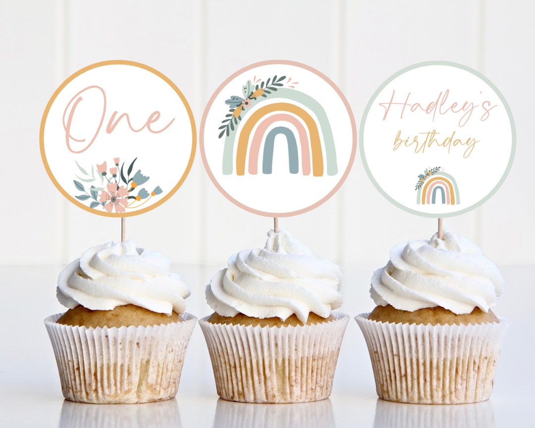 Editable Pastel Boho Rainbow Cupcake Topper, Girl Boho Birthday, Boho ...