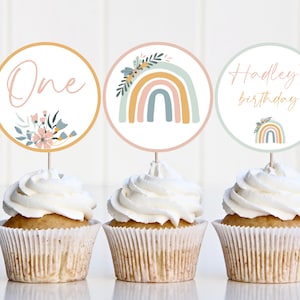 Editable Pastel Boho Rainbow Cupcake Topper, Girl Boho Birthday, Boho ...