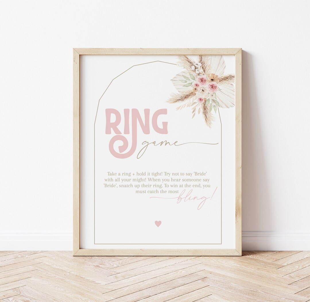 Pink Gold Boho Bridal Shower Ring Game Sign, Bohemian Floral Bridal ...