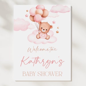 Editable Pink Teddy Bear Balloon Welcome Sign, Girl Bear Balloon Baby ...