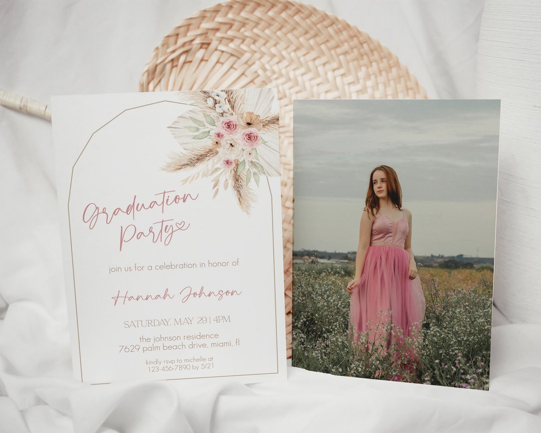 Floral Boho Graduation Party Announcement Invitation Template, Picture ...