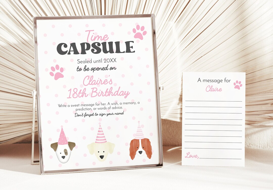 Editable Pink Girl Dog Birthday Party Time Capsule, Pink Puppy Pawty ...