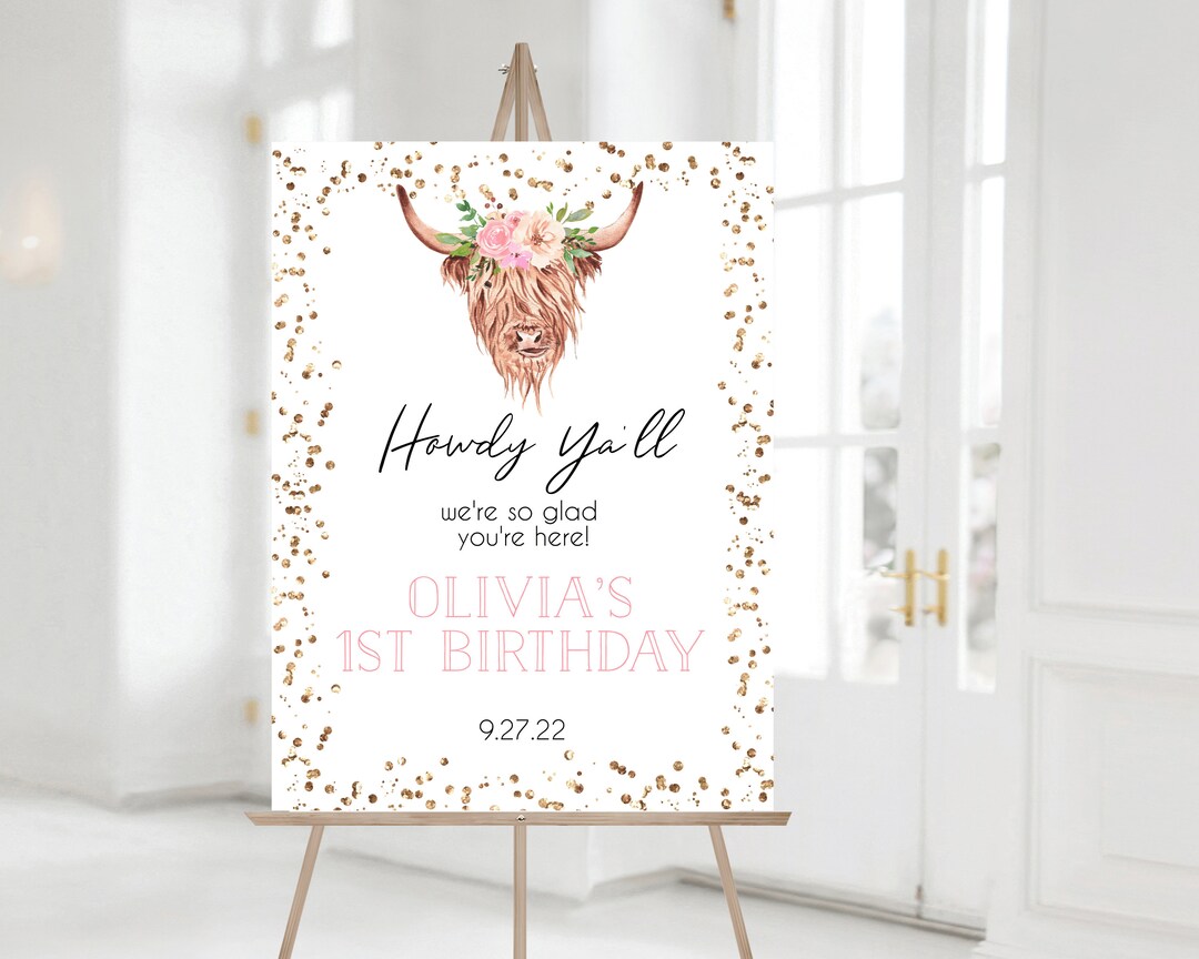 Editable Highland Cow Birthday Welcome Sign Template, Holy Cow Girl ...