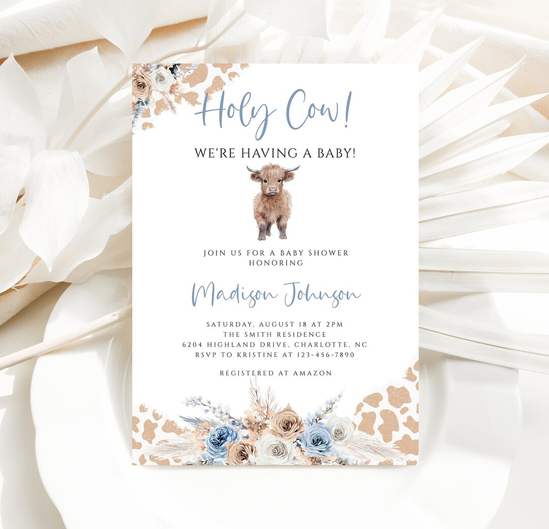 Editable Holy Cow Baby Shower Invitation, Boy Highland Cow Pampas Grass ...