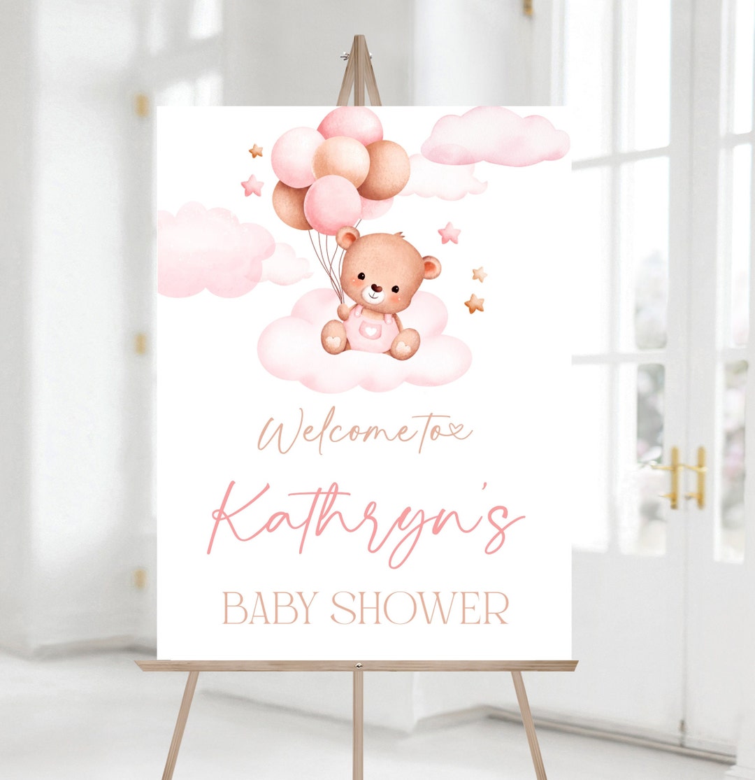 Editable Pink Teddy Bear Balloon Welcome Sign, Girl Bear Balloon Baby ...