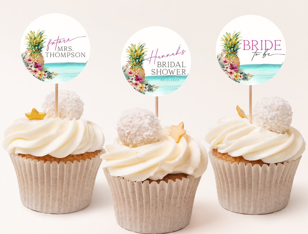 Tropical Editable Cupcake Toppers, Tropical Hawaiian Pineapple Bridal ...