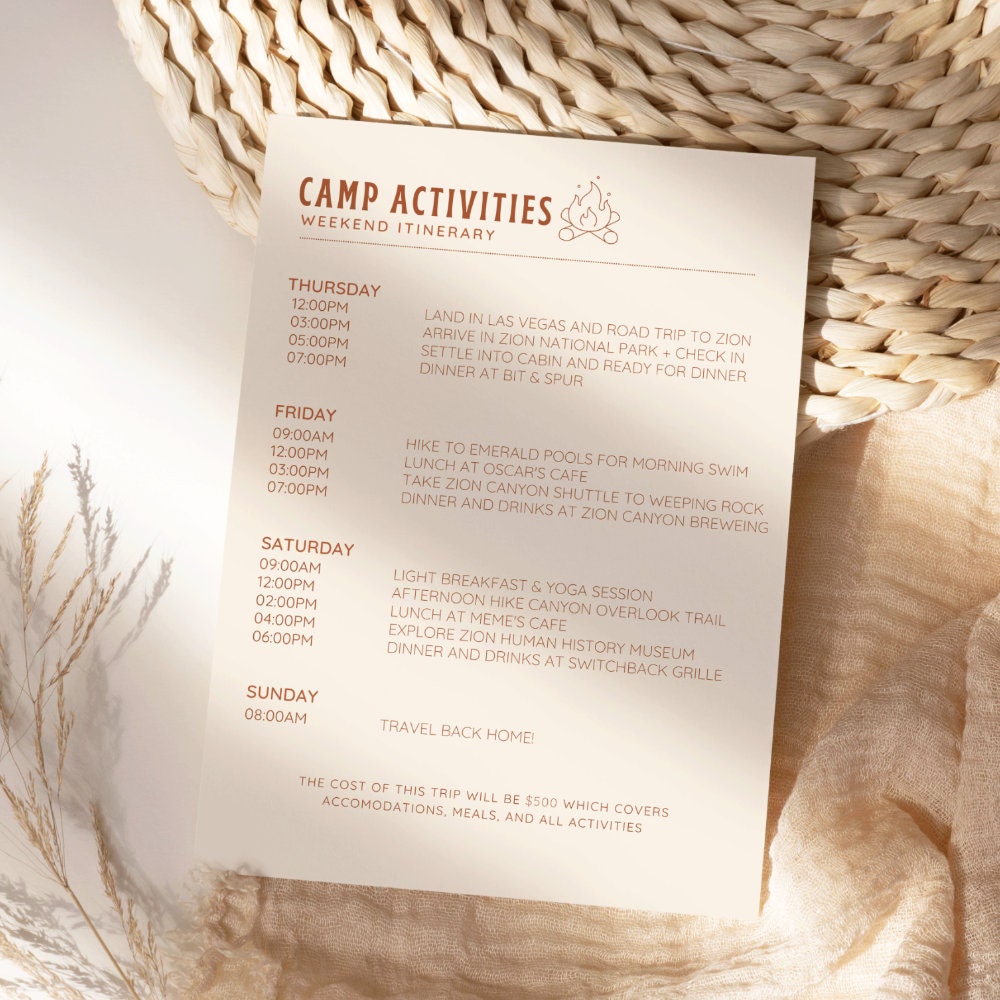 Camp Bachelorette Itinerary Template, Camping Bachelorette Invite ...