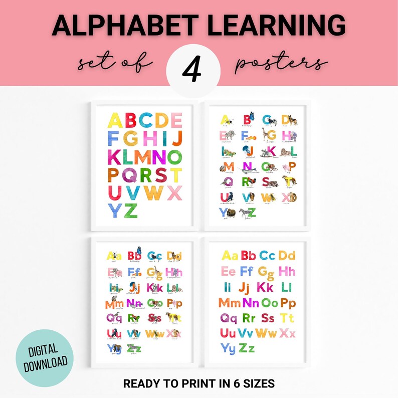 Set of 4 Watercolor Alphabet Posters, Homeschool Prints, Educational ...